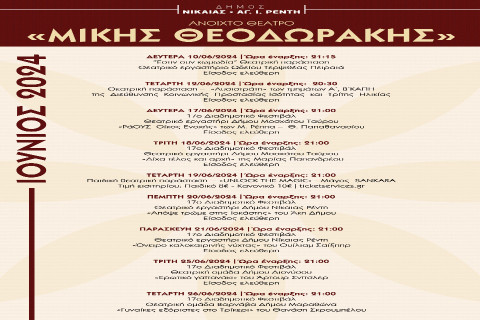 Πρόγραμμα Ιουνίου Ανοιχτό Θέατρο Μίκης Θεοδωράκης στο Ρέντη